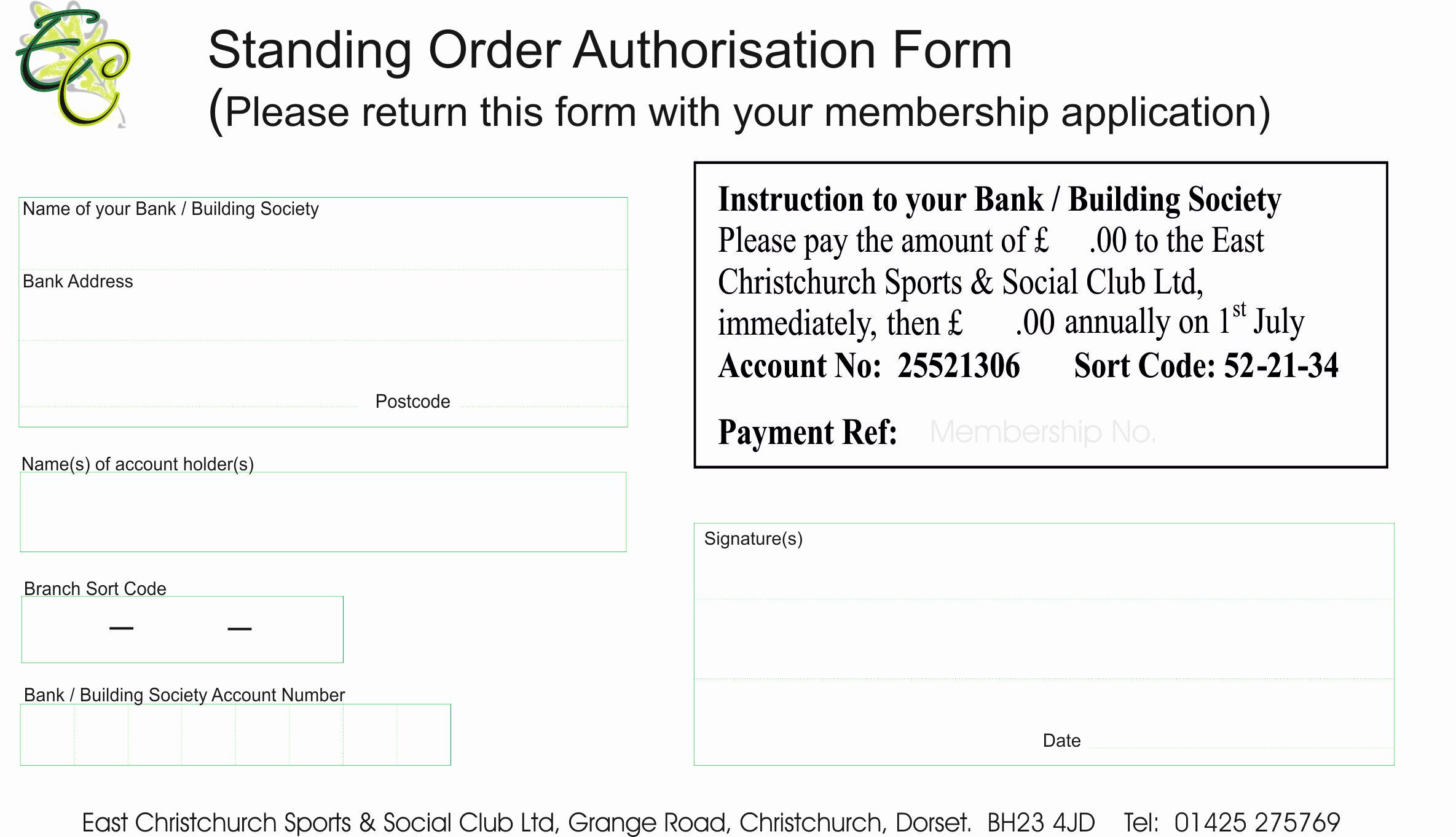 Membership Standing Order Membership Standing Order